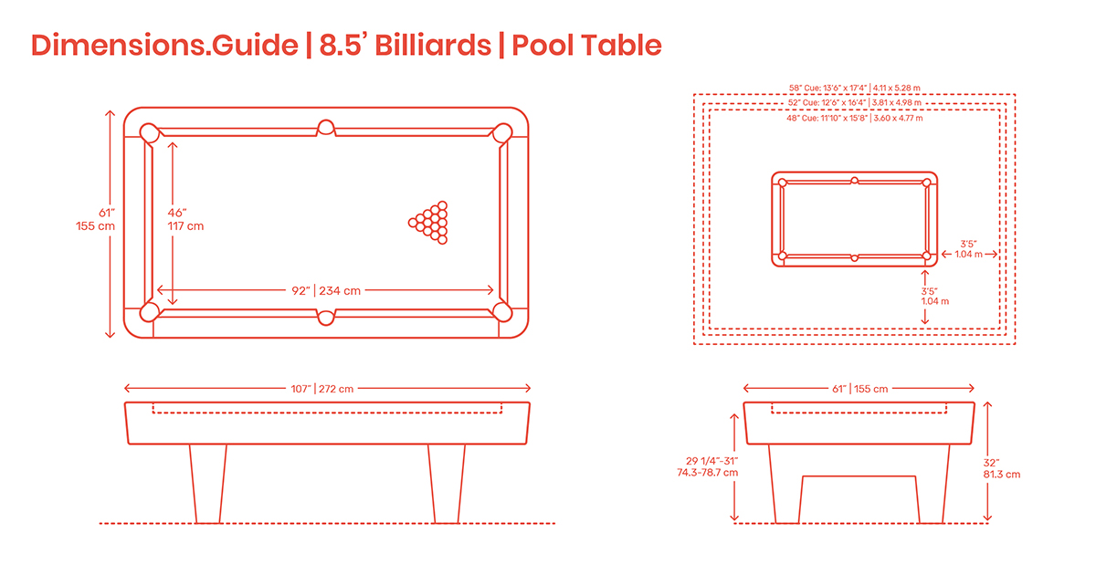 8.5 Foot Billiards | Pool Table Dimensions & Drawings | Dimensions.com