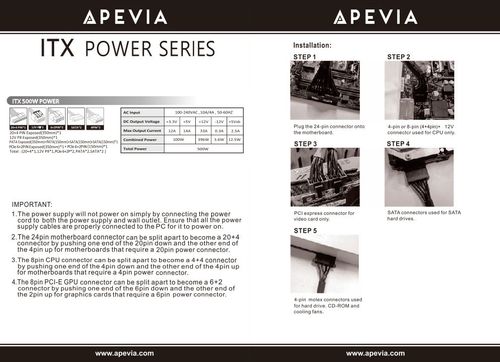 Apevia | ITX-PFC500W | 500W+ | Power Supply