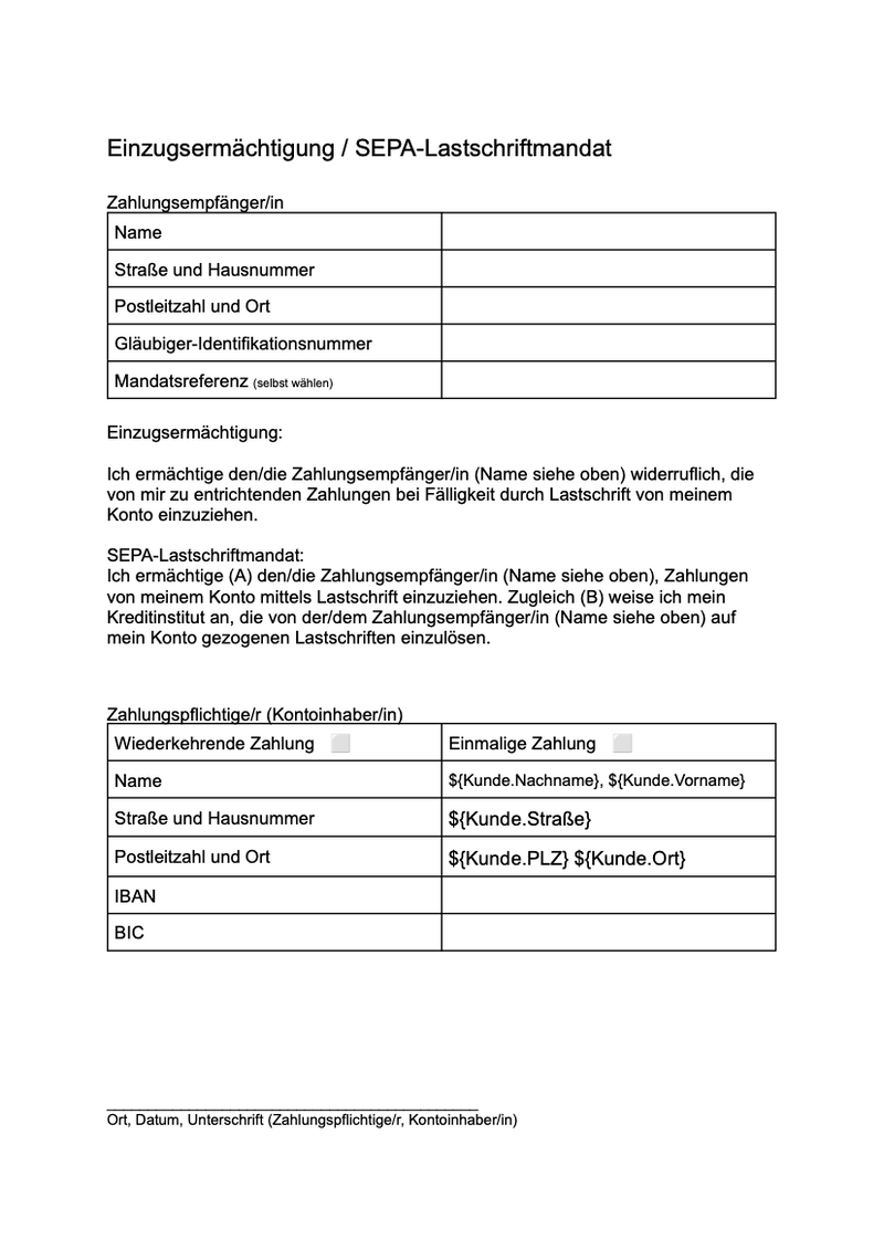 Vorlage Einzugsermächtigung / SEPA-Lastschriftmandat kostenlos