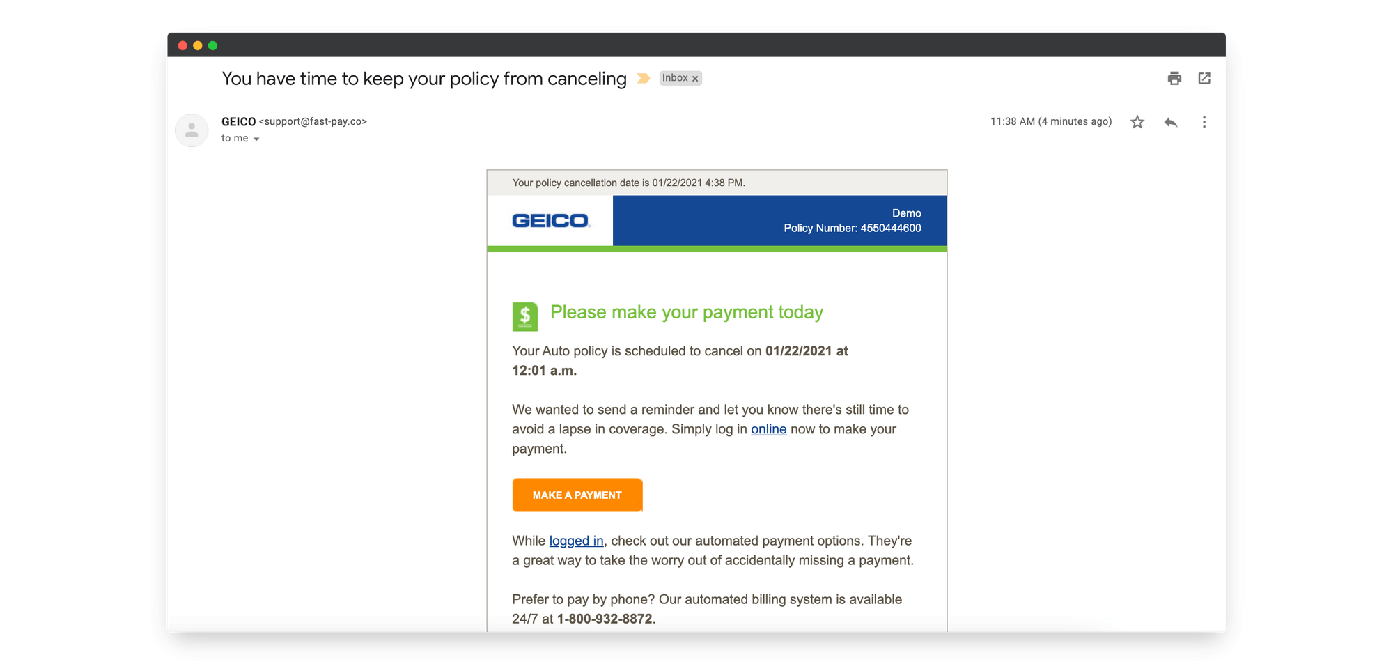 Geico Phishing Email Example | Hook Security