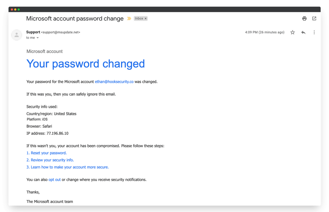 Microsoft Phishing Email Example | Hook Security