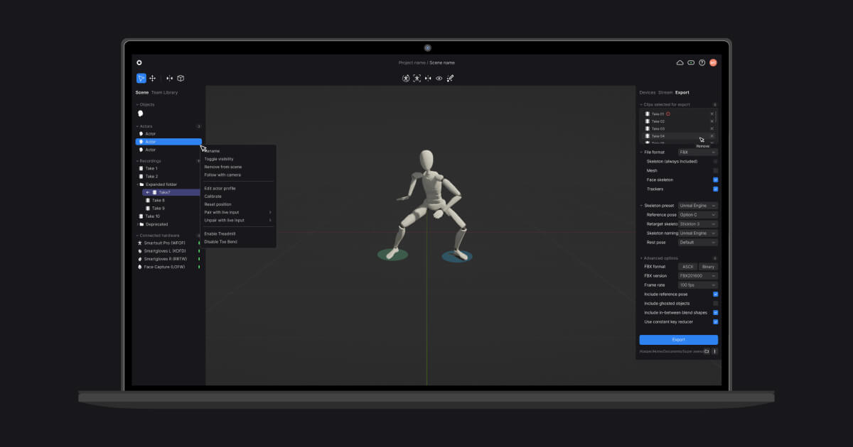 Free 3D animation software to record, stream and edit motion capture data