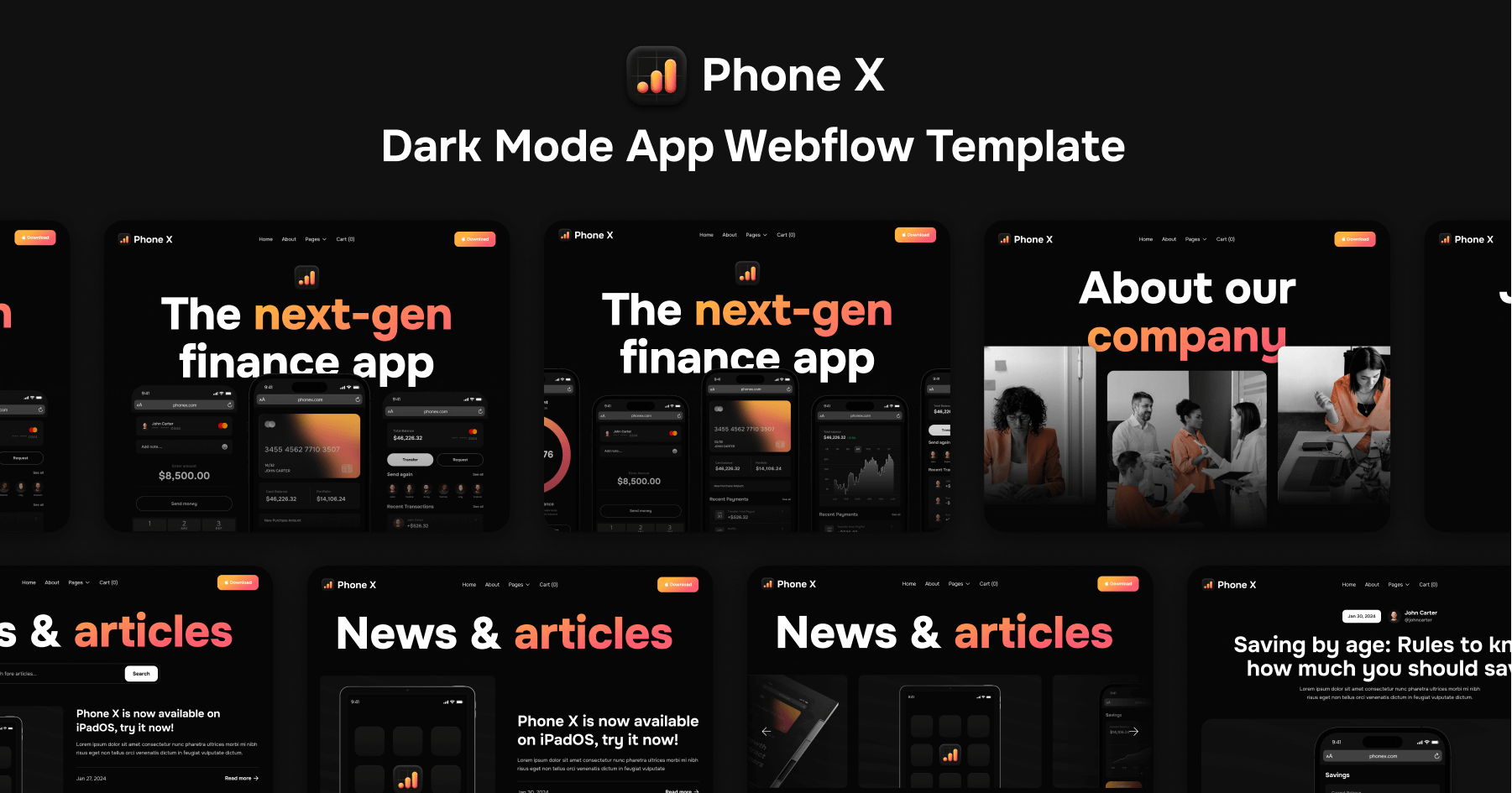 Dark Mode App Webflow Template - Phone X | BRIX Templates