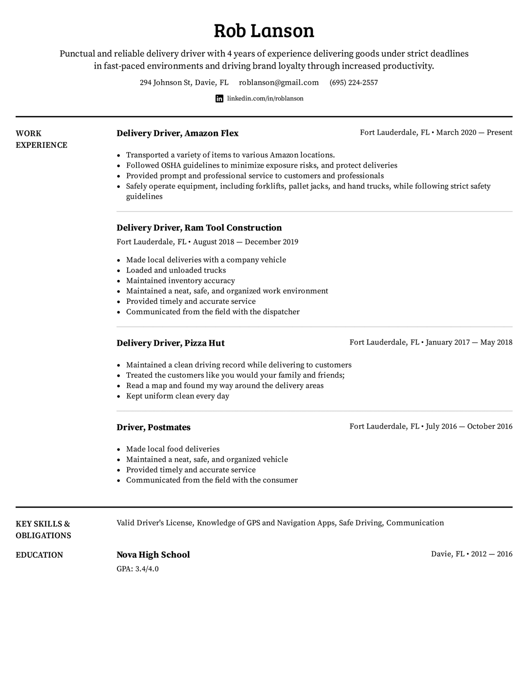 Delivery Driver Resume Example & Writing Tips for 2025