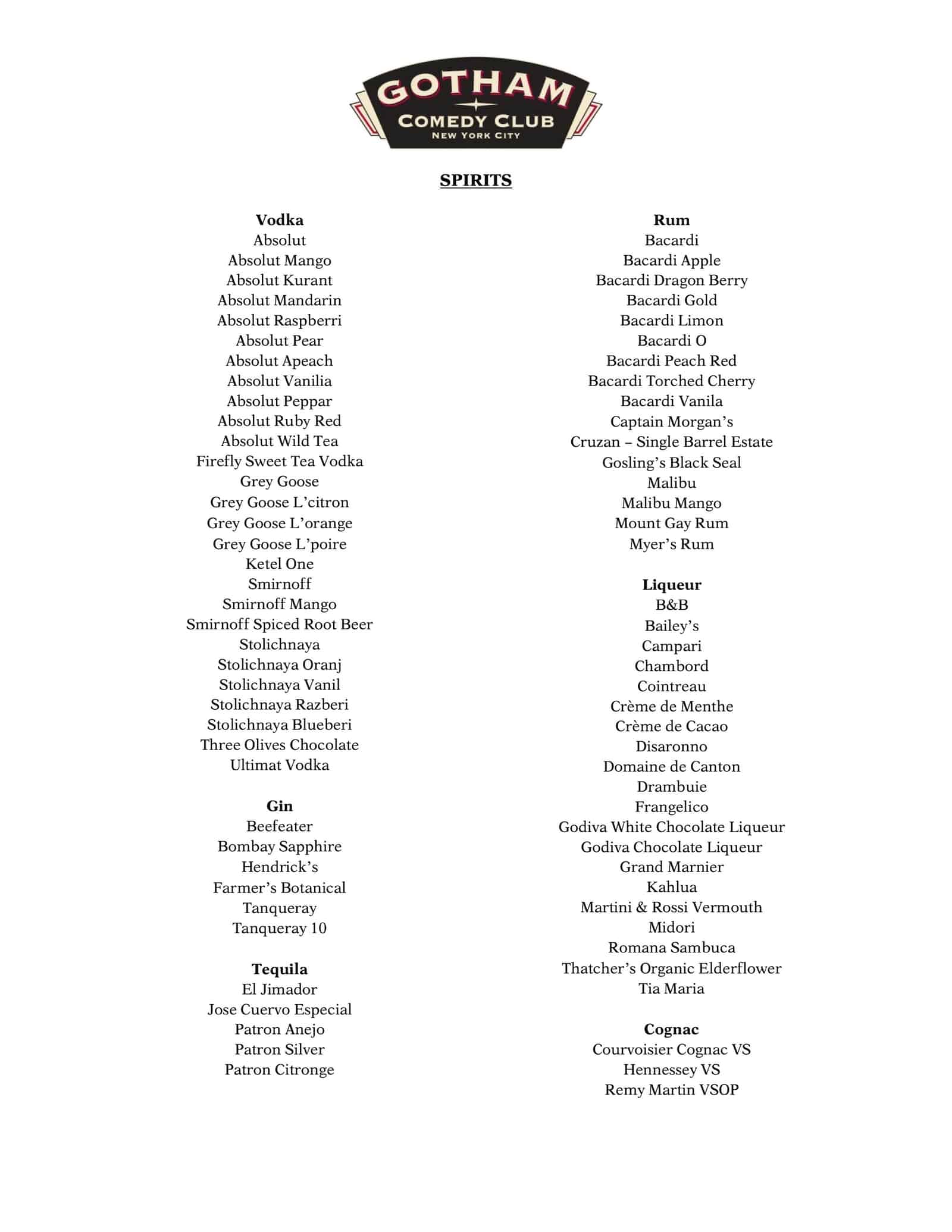 Menu | Gotham Comedy Club in New York City