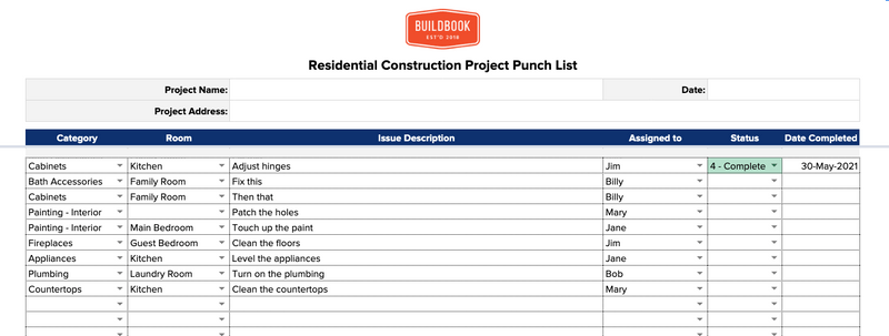 Free Construction Punch List Template | BuildBook