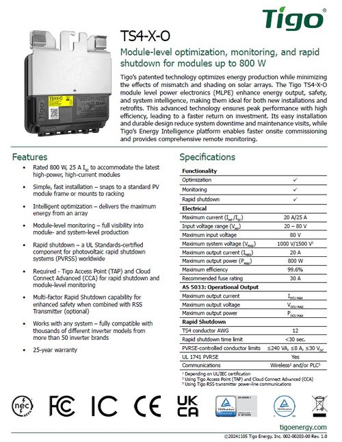 Datasheet: Tigo TS4-X-O | Tigo Energy Downloads