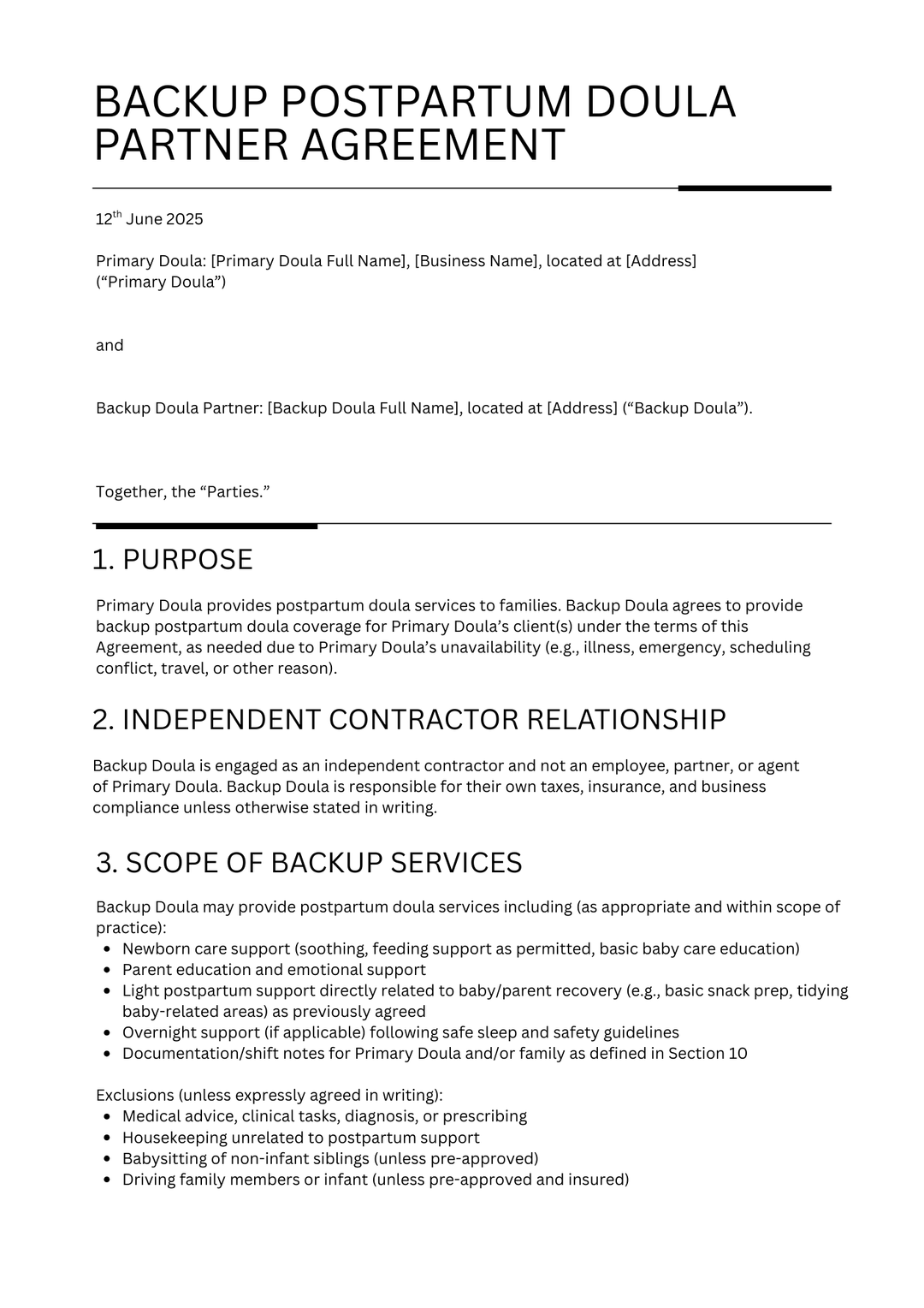 Editable Sample Contract Template - Postpartum Back up Doula • Newmom.me