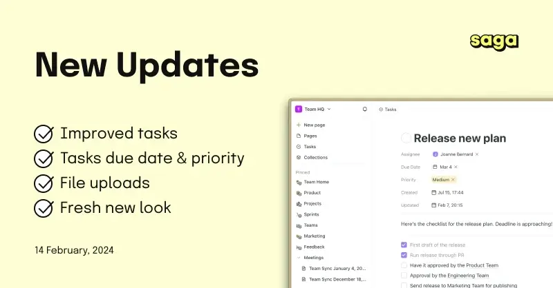 Improved tasks, editor & fresh new look | Saga Updates