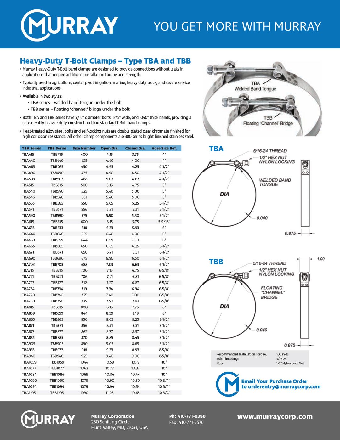 Heavy Duty Stainless Steel T-Bolt Clamp | Murray Corporation