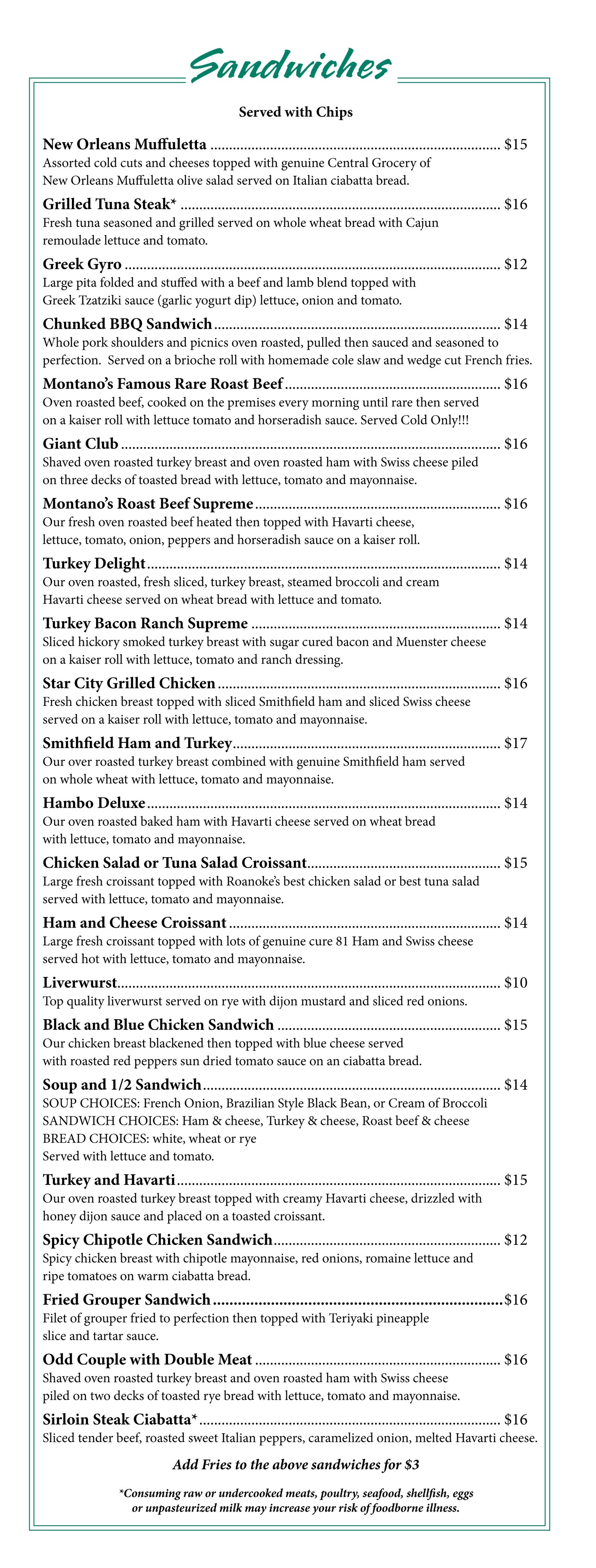 Montano's Lunch Menu