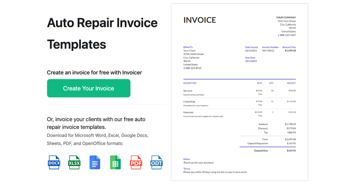 Auto Repair Invoice Templates
