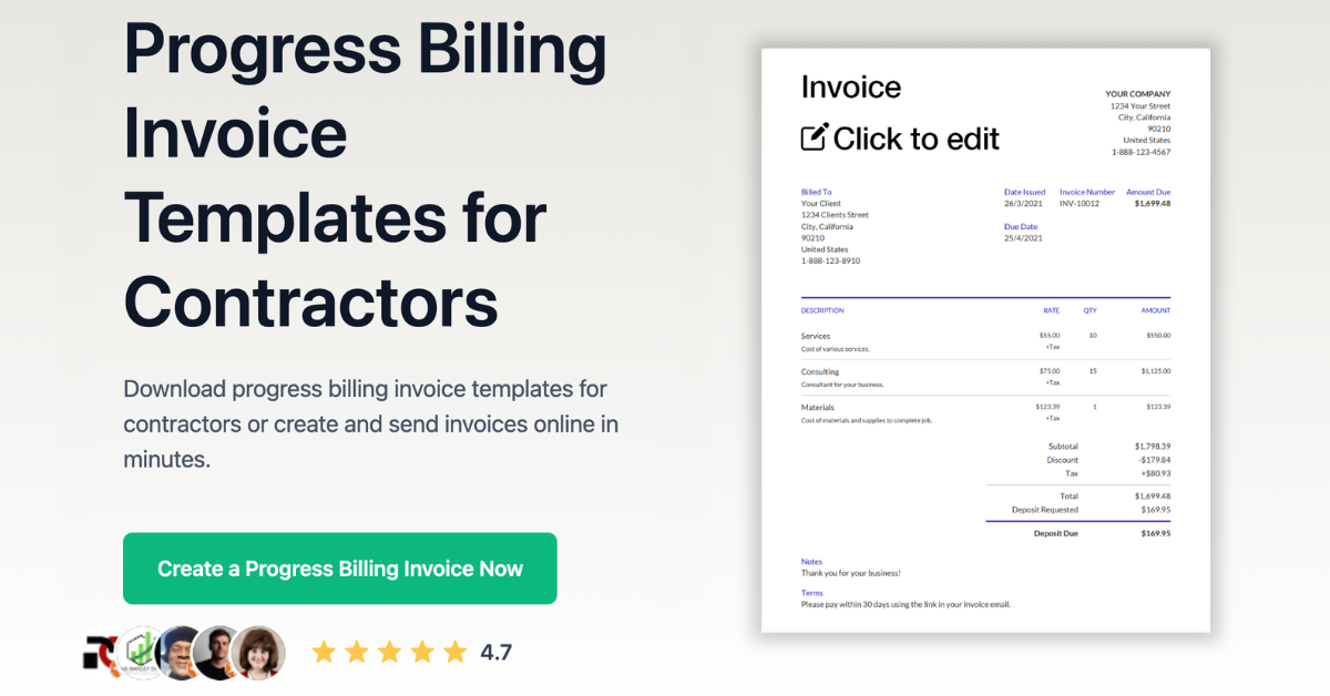 Progress Billing Invoice Templates for Contractors