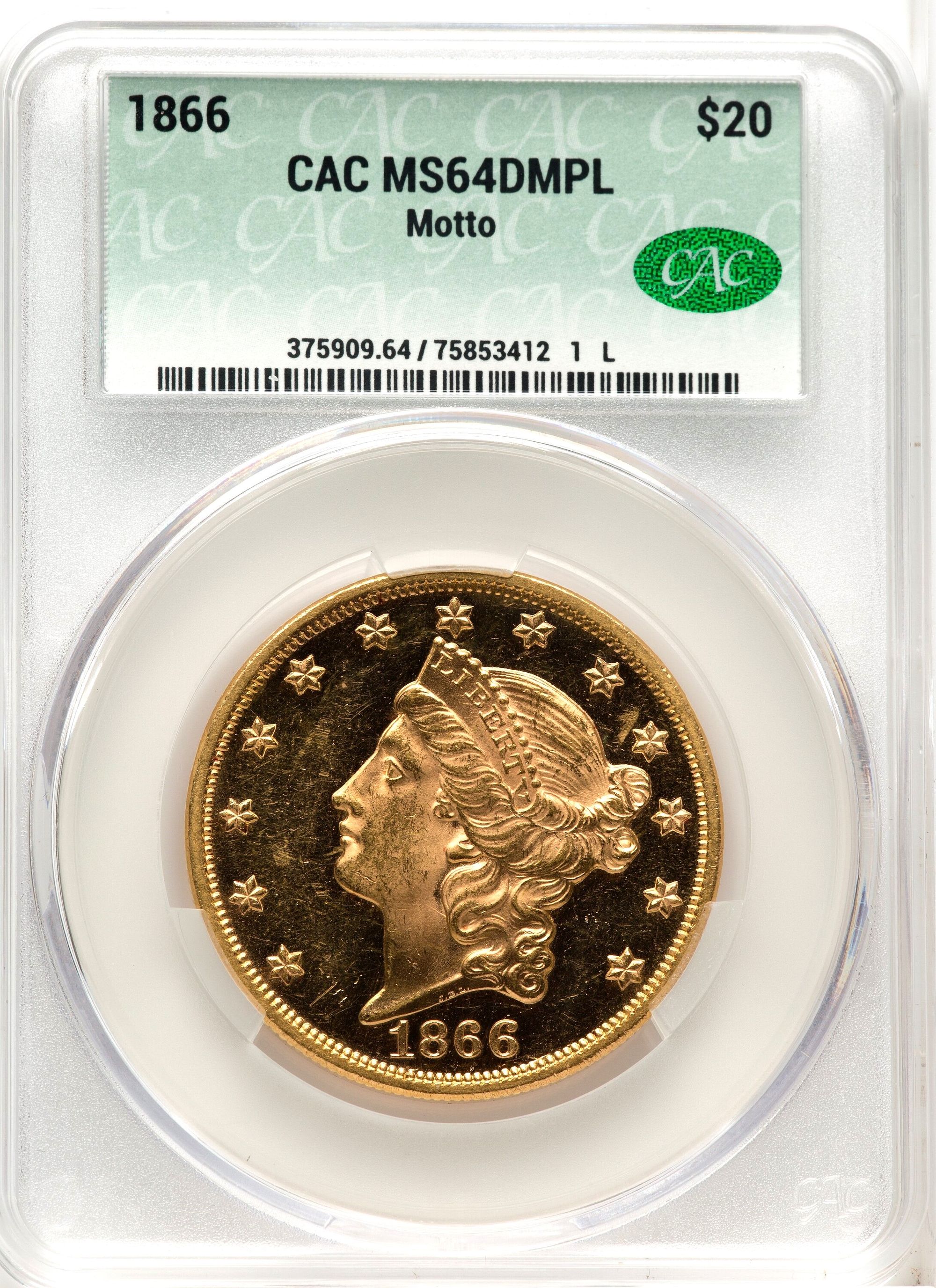 1866 CAC MS64 DMPL $20 Gold Liberty Motto | Endeavor Metals