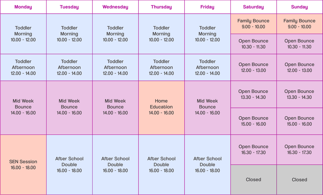 Session Timetable | Book Soft Play, Trampolining & Ninja Obstacle Course