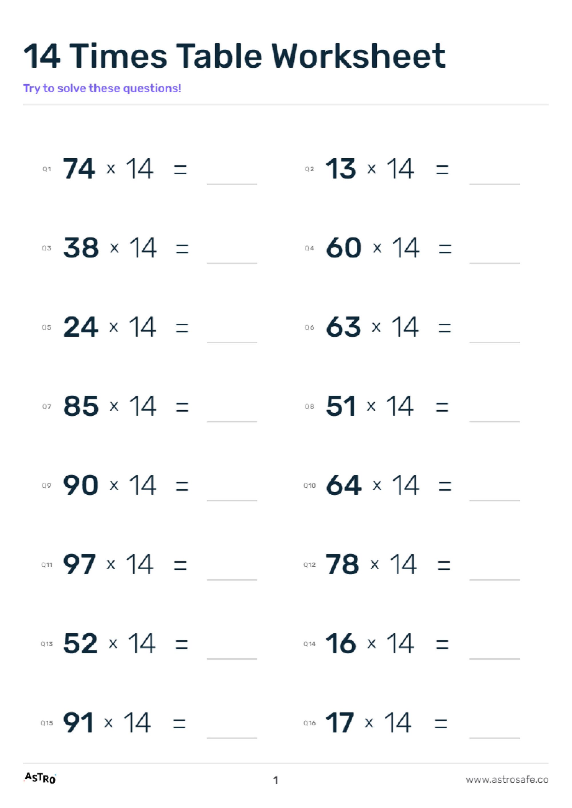 14 Times Table Lessons, Printable Worksheets & Charts | AstroSafe