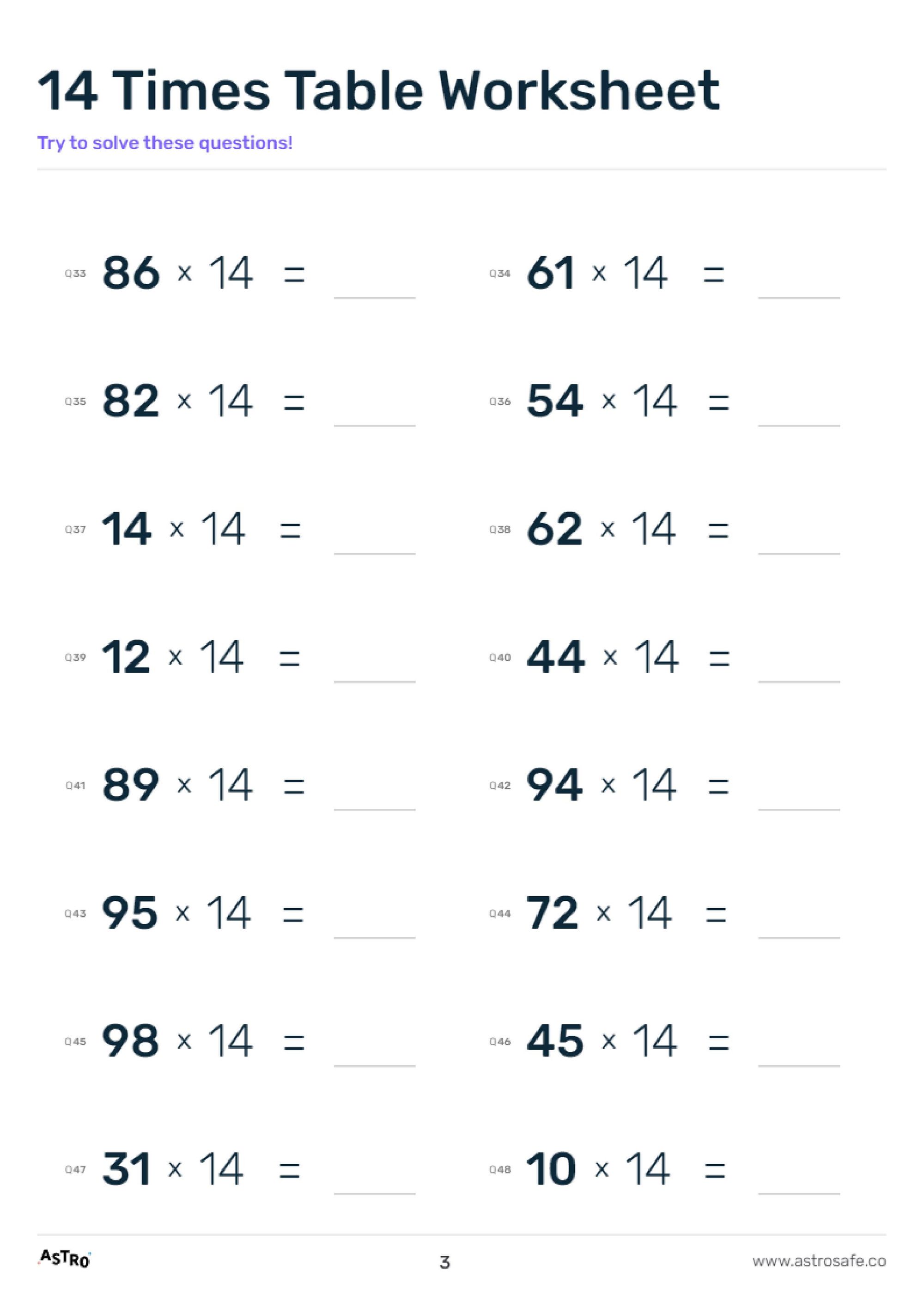 14 Times Table Lessons, Printable Worksheets & Charts | AstroSafe