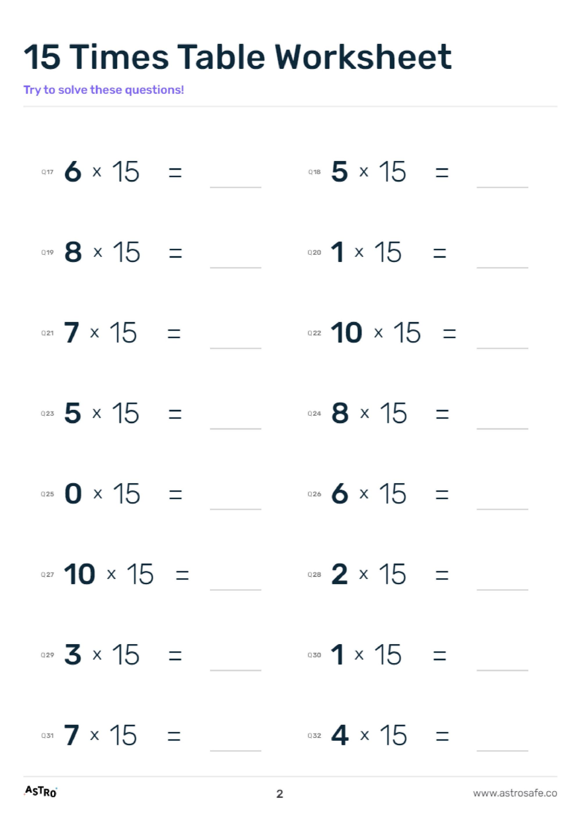 15 Times Table Lessons, Printable Worksheets & Charts | AstroSafe