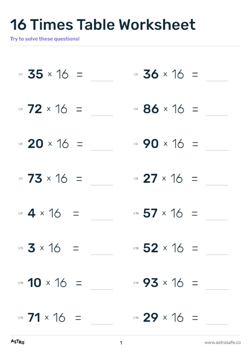 16 Times Table Lessons, Printable Worksheets & Charts | AstroSafe