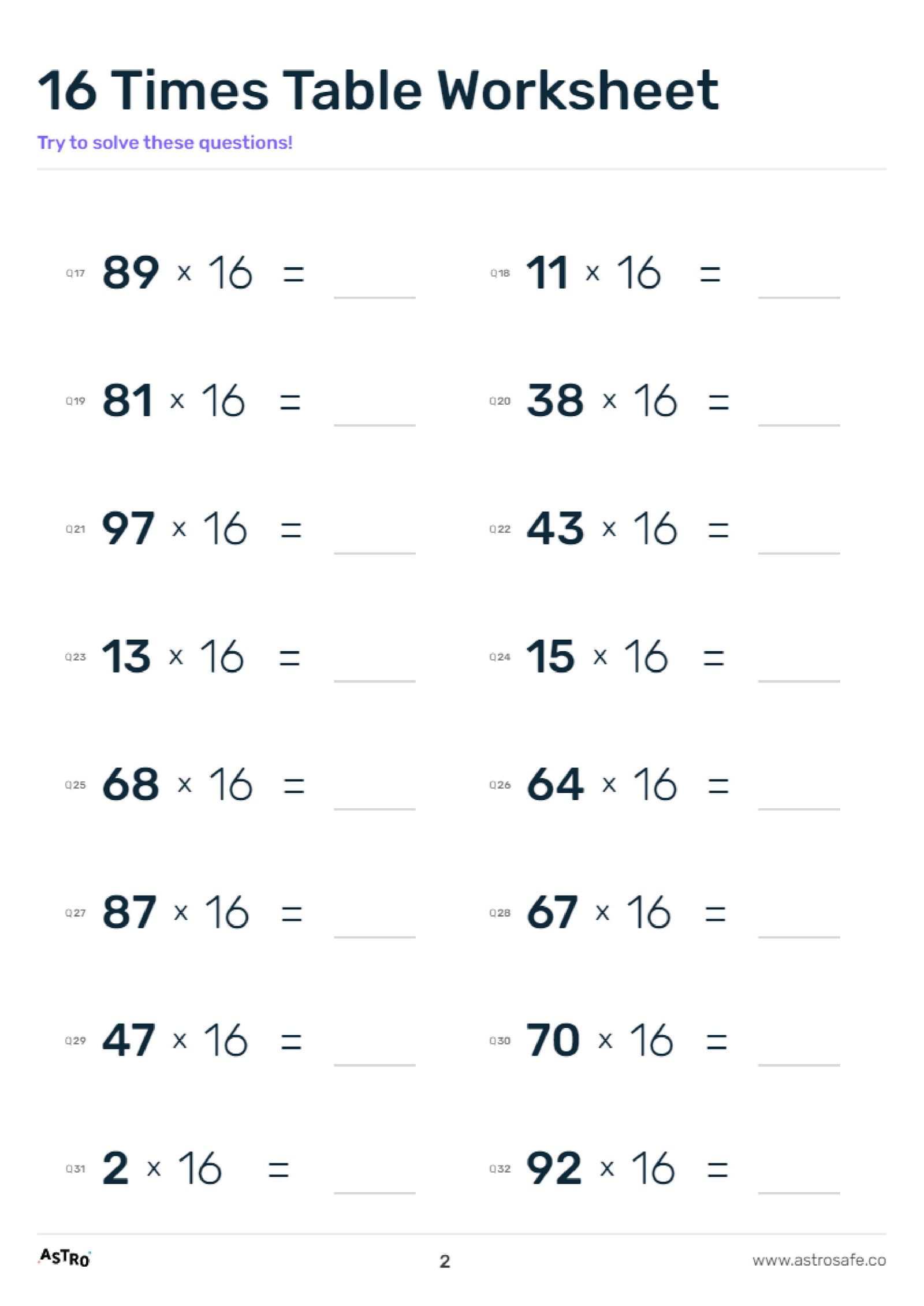 16 Times Table Lessons, Printable Worksheets & Charts | AstroSafe