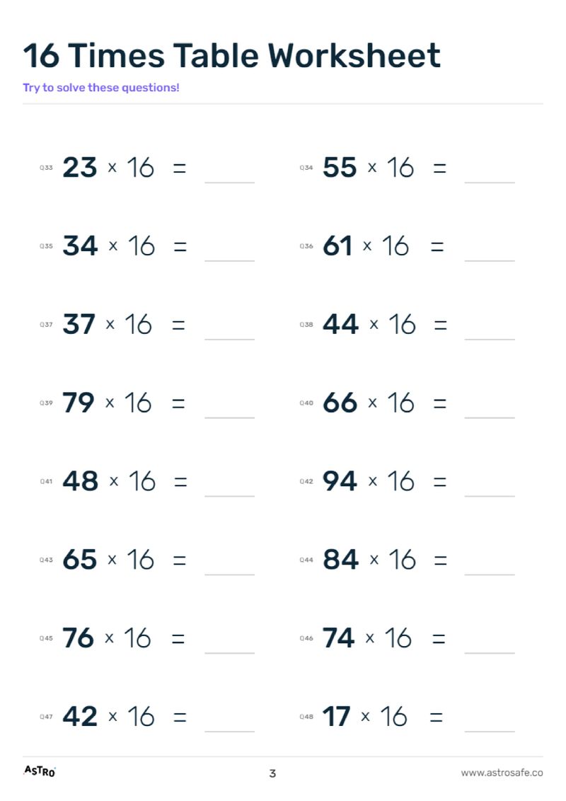 16 Times Table Lessons, Printable Worksheets & Charts | AstroSafe