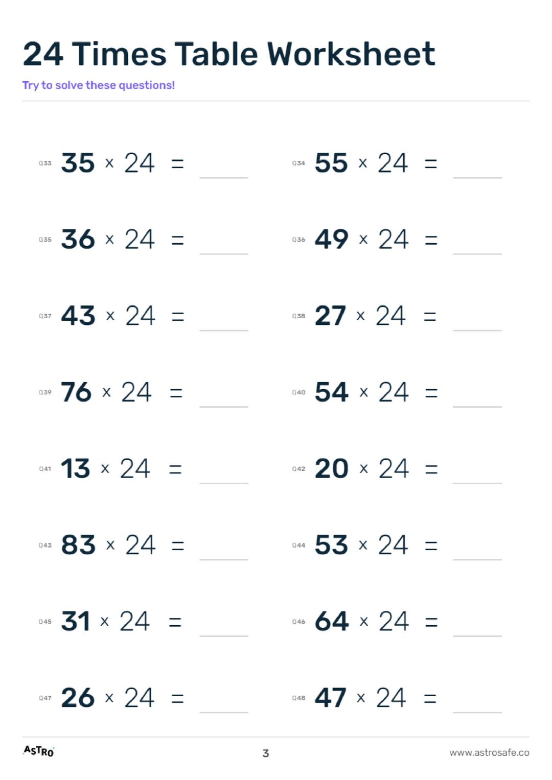 24 Times Table Lessons, Printable Worksheets & Charts | AstroSafe
