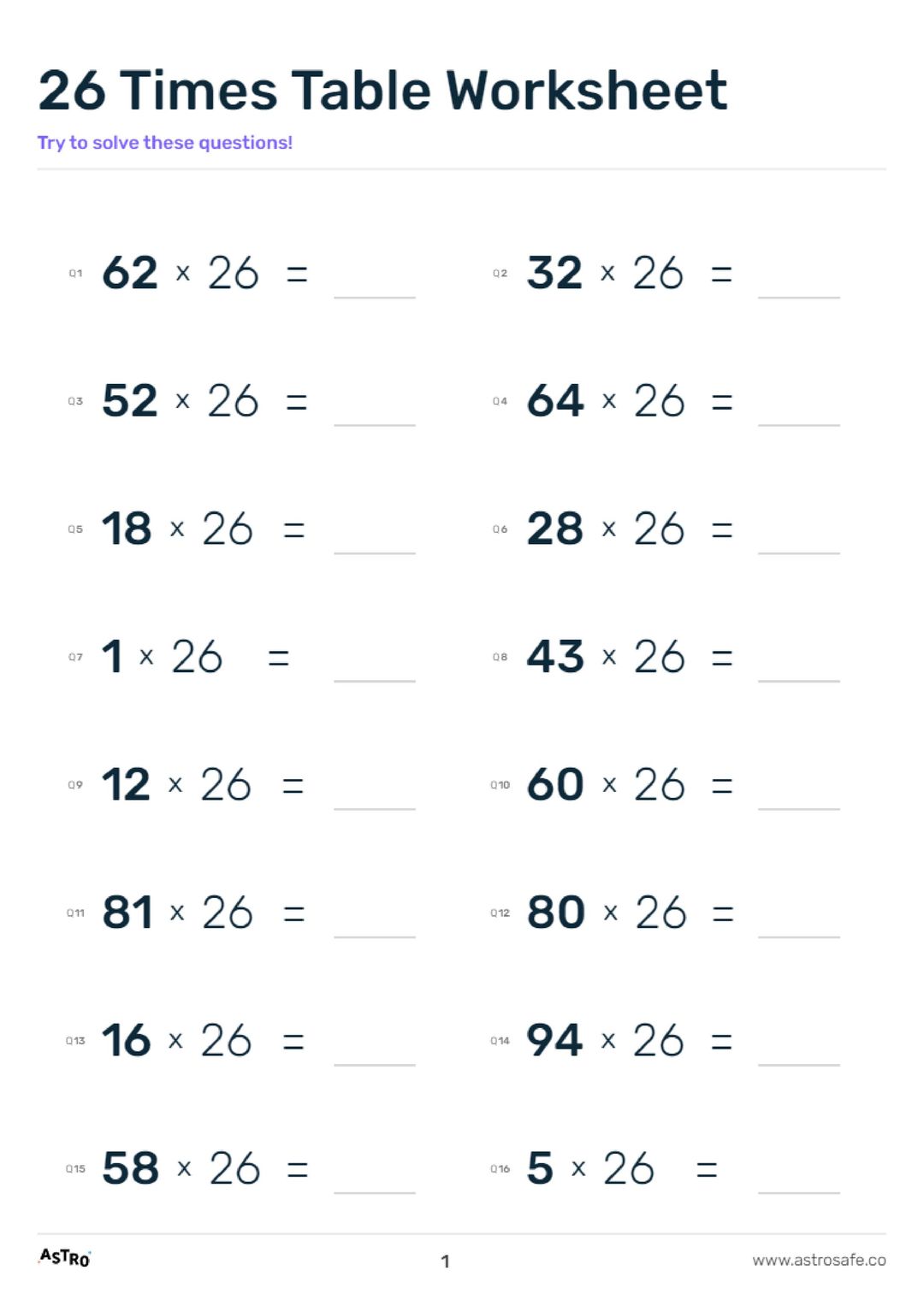 26 Times Table Lessons, Printable Worksheets & Charts | AstroSafe