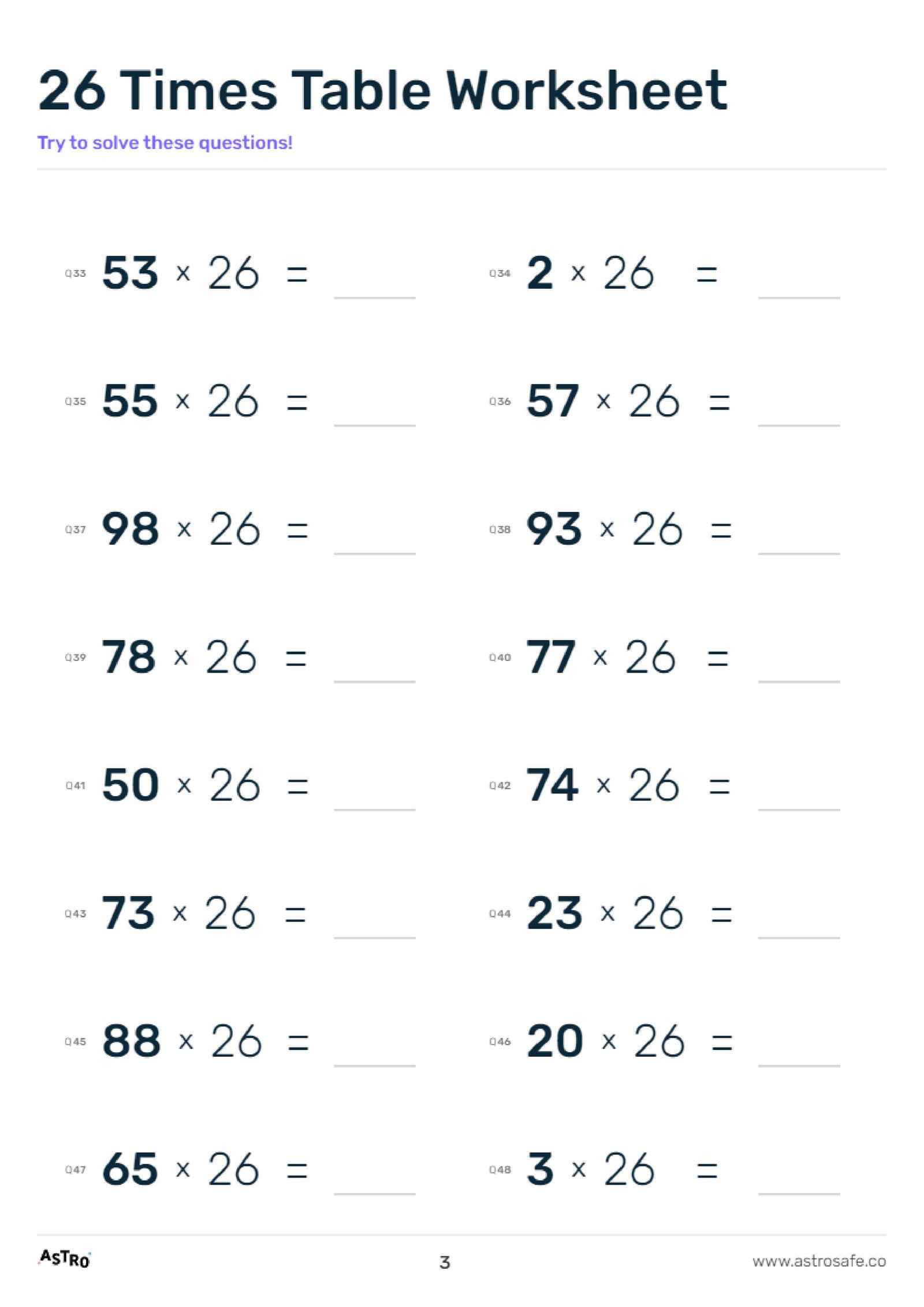 26 Times Table Lessons, Printable Worksheets & Charts | AstroSafe