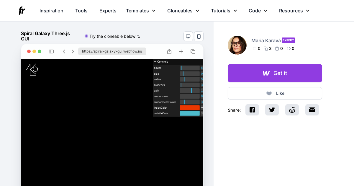 Spiral Galaxy Three.js GUI Webflow Cloneable