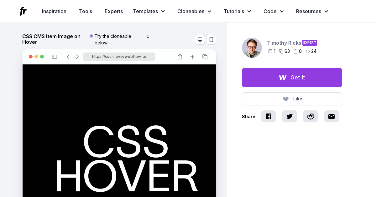 CSS CMS Item Image on Hover Webflow Cloneable