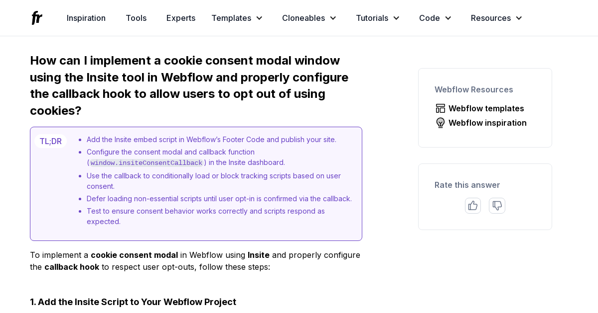 How can I implement a cookie consent modal window using the Insite tool ...