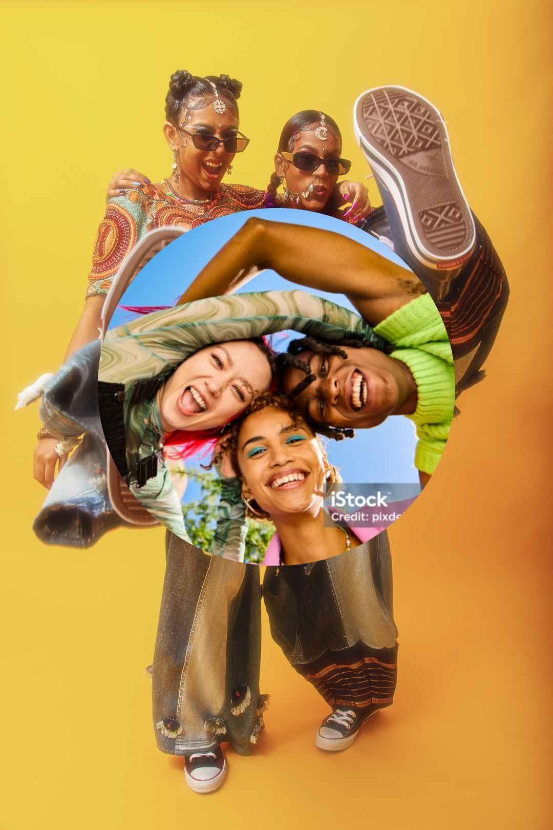 3 Gen Z Adults In A Circle Smiling Stock Photo