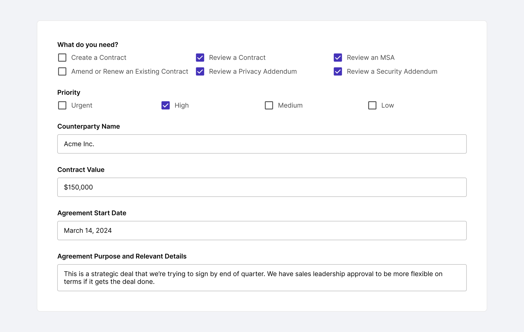 Sales Requests • Template Intake Form for In-House Legal Teams