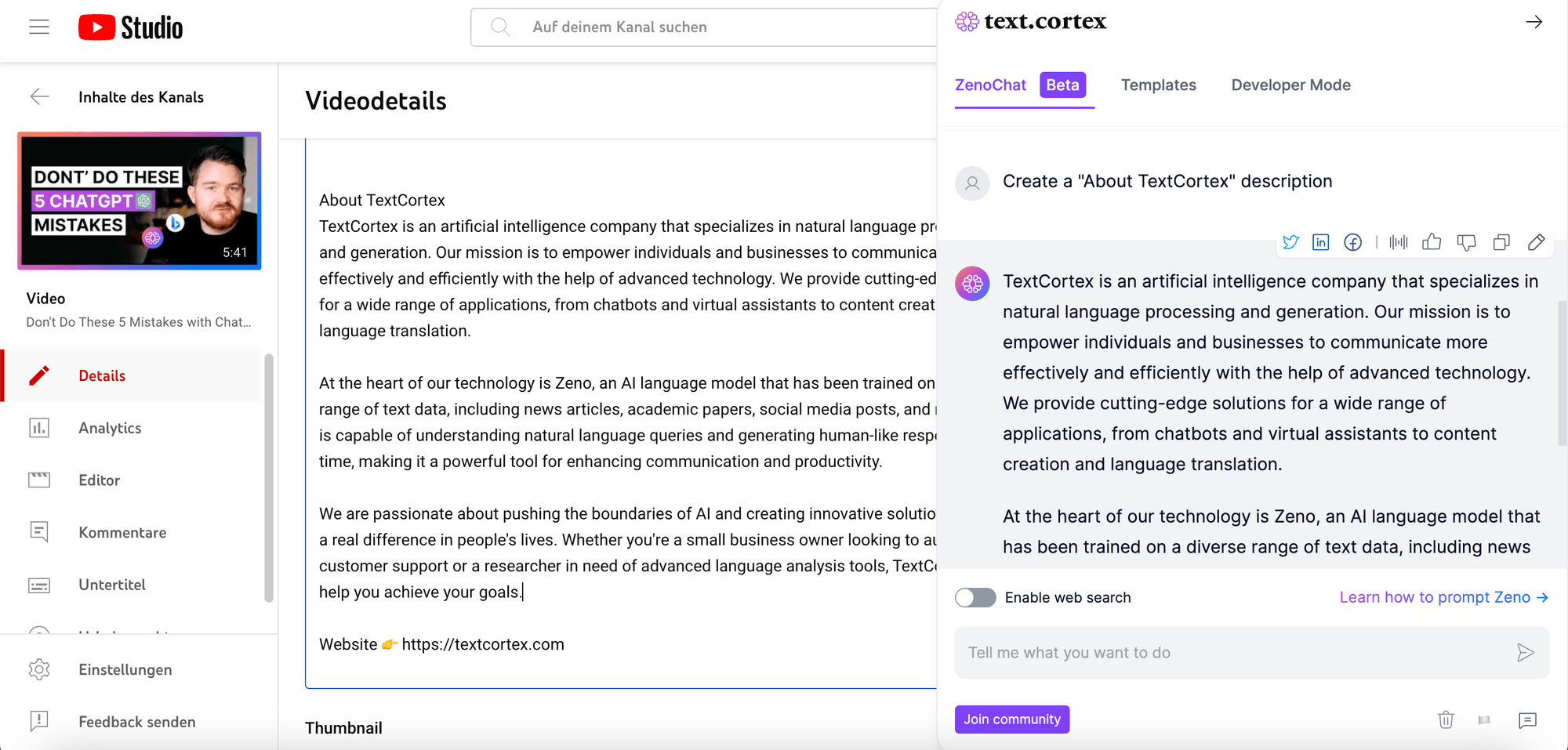 Generador de descripciones de Youtube TextCortex