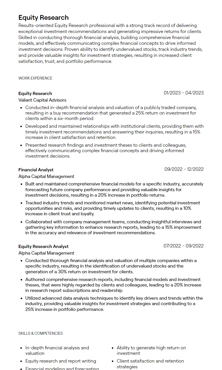 6 Equity Research Resume Examples with Free Templates 6 Equity Research Resume Examples with Free Templates