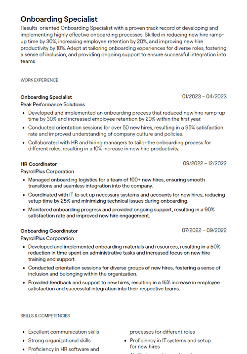 2+ Onboarding Specialist Resume Examples [with Free Templates]