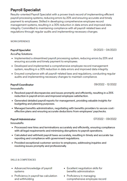 10+ Payroll Specialist Resume Examples [with Free Templates]