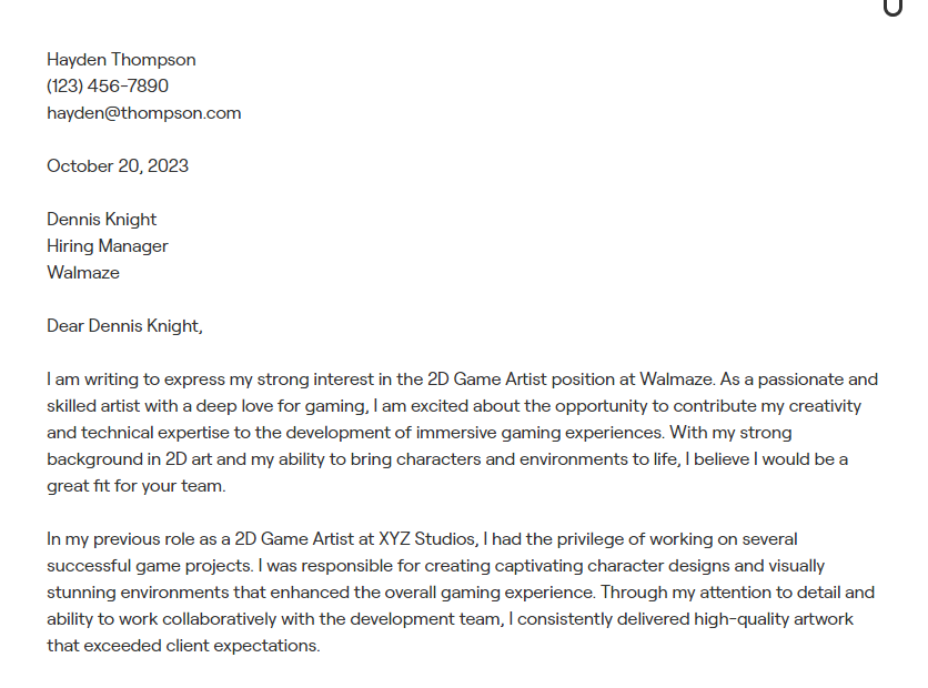 2025 2D Game Artist Cover Letter Example (+Free Template)