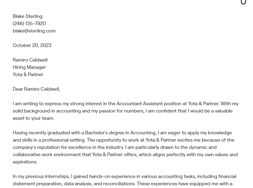 2025 Accountant Assistant Cover Letter Example Free Template
