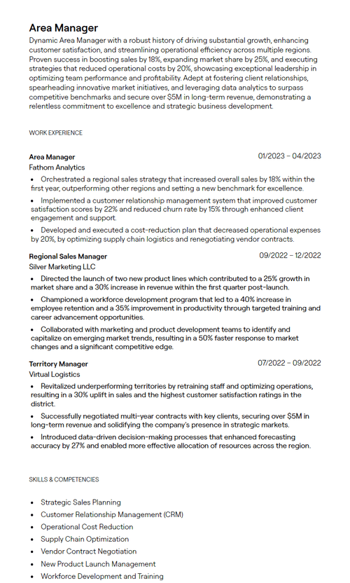 1+ Area Manager Resume Examples [with Guidance]