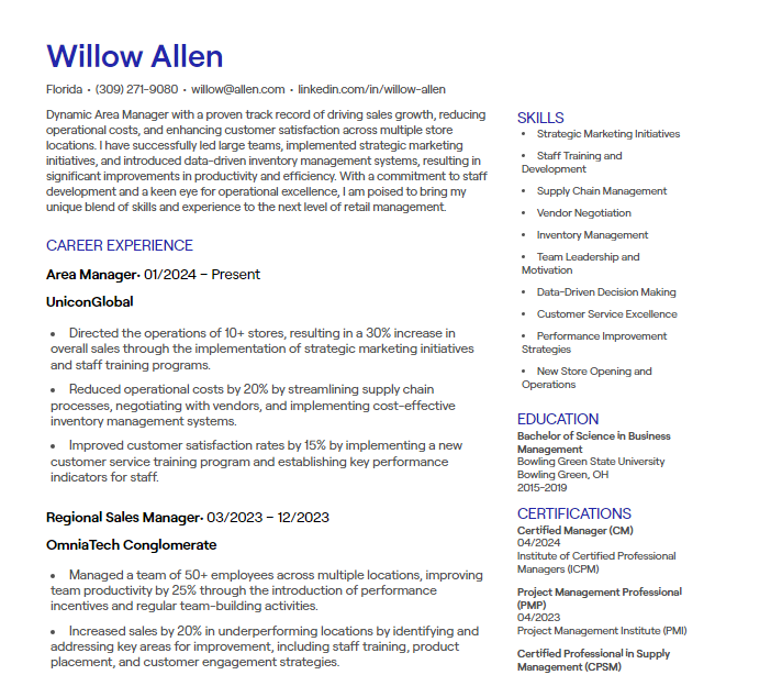 1 Area Manager CV Examples Free Templates 1 Area Manager CV Examples Free Templates