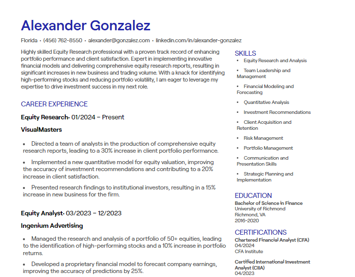Equity Research Analyst Resume Equity Research Analyst Resume