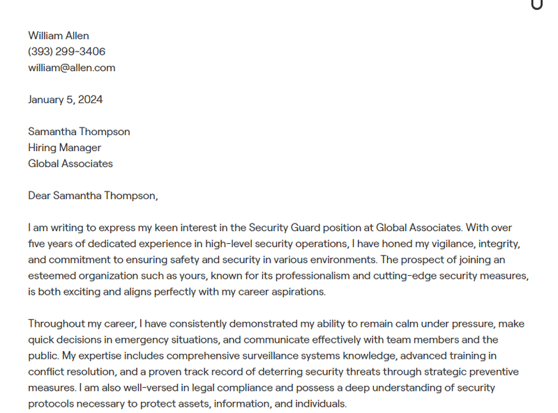 2025 Security Guard Cover Letter Example (+Free Template)