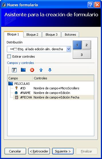 Asistente de creación de formularios - Velneo V7 - Selección de campos