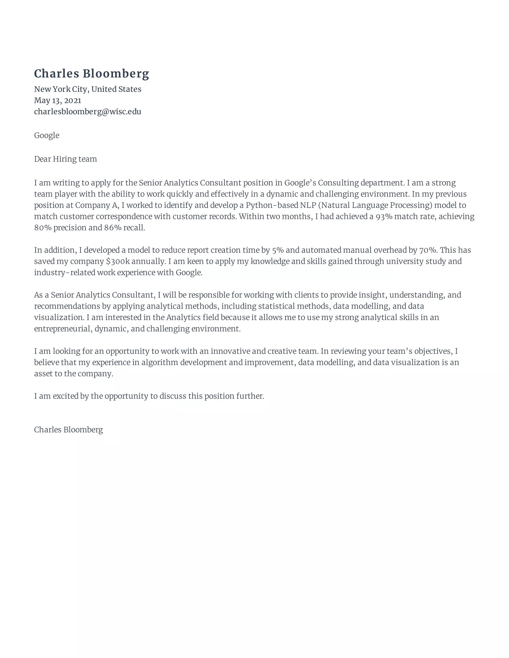 Free Senior Data Analyst Cover Letter Sample - Rezi