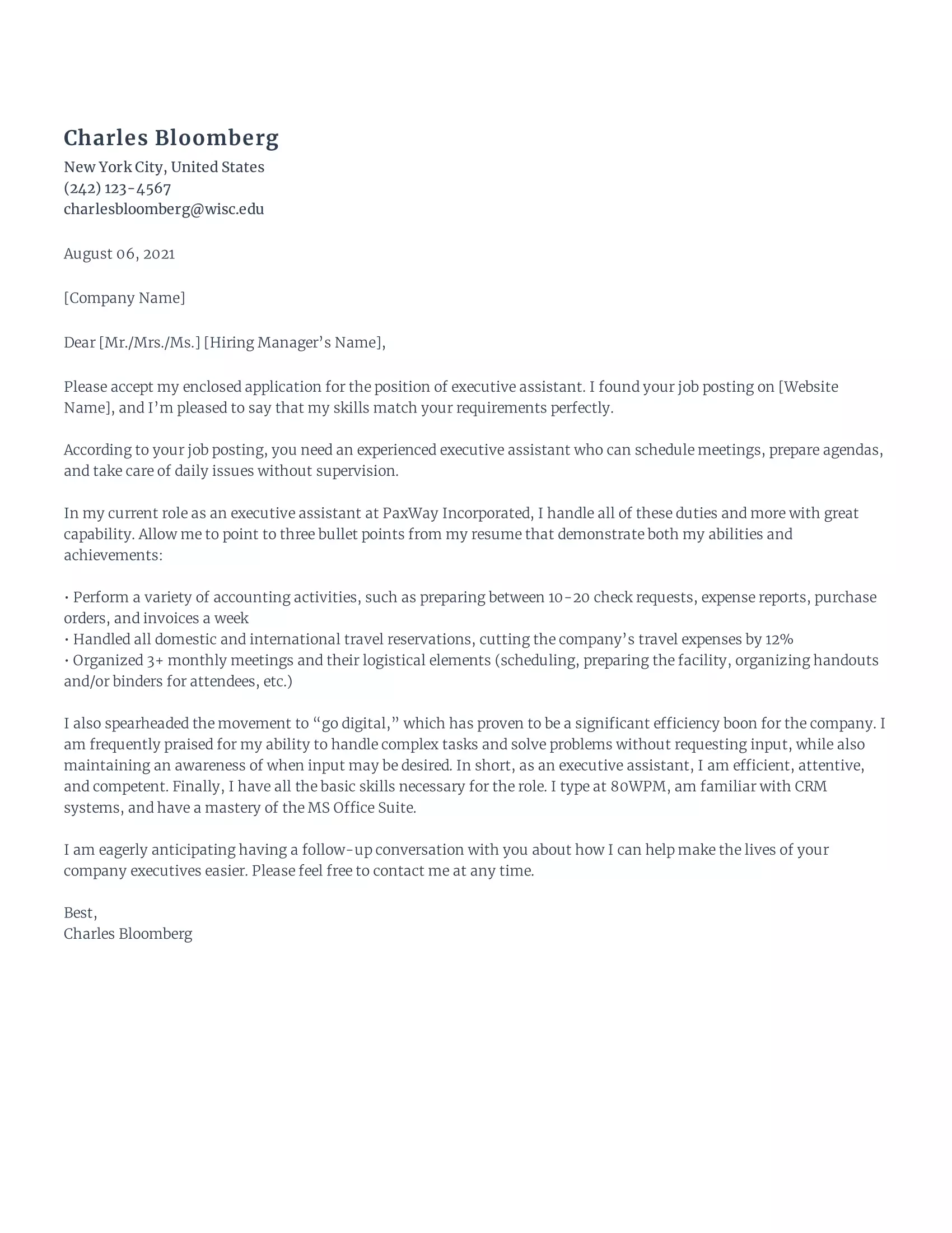 Free Executive Assistant Cover Letter Sample - Rezi