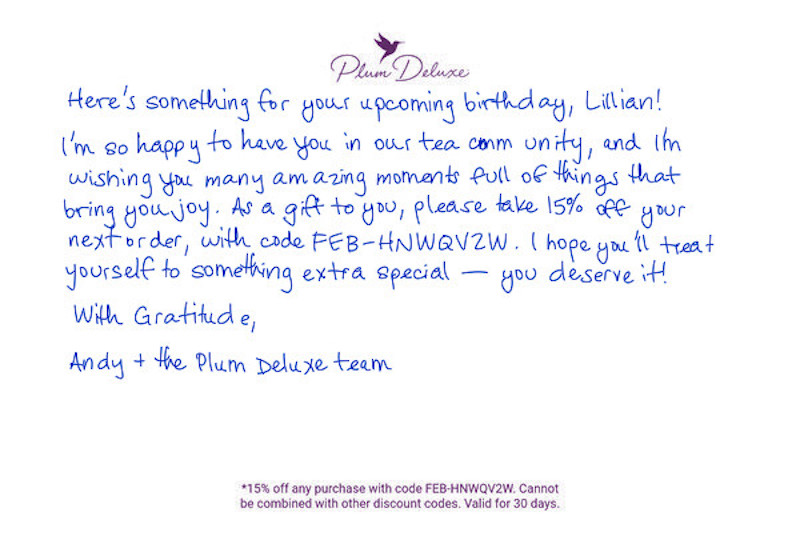 Plum Deluxe Scales Handwritten Birthday Wishes with PostPilot