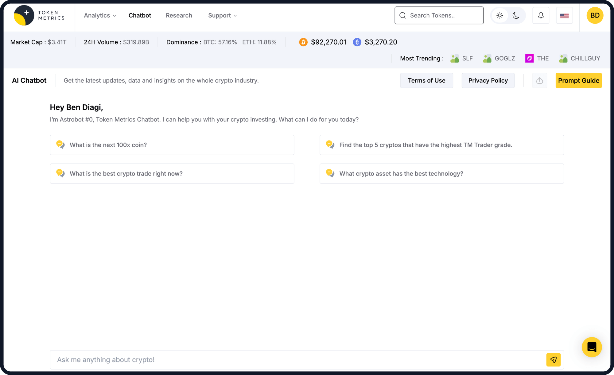 Token Metrics AI Chatbot Agent | AI Crypto Trading & Analytics Assistant