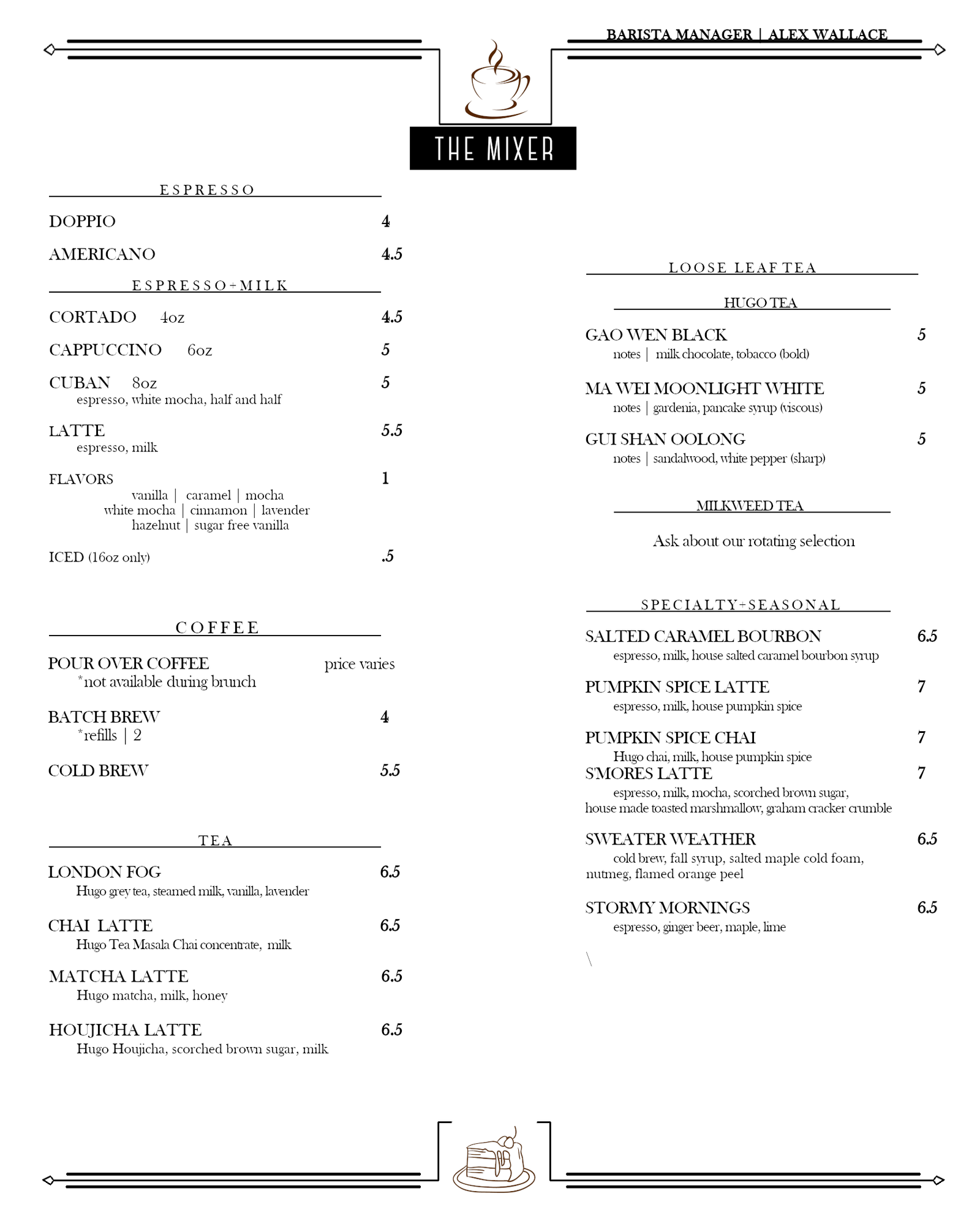 The Mixer Restaurant Menu
