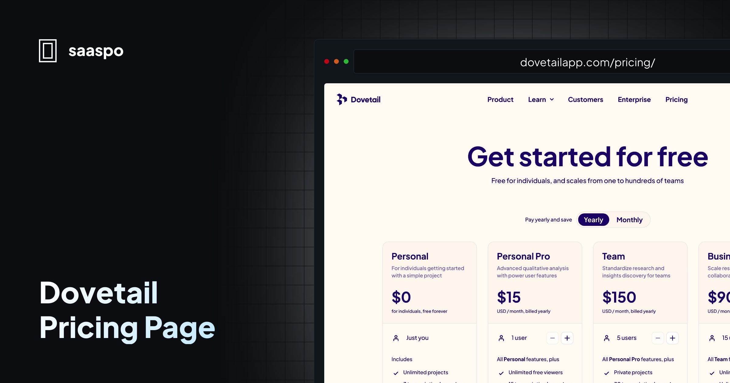 Saaspo | Dovetail Pricing Page